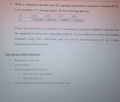 Solved Write a VBA code that uses the Lagrange interpolation | Chegg.com