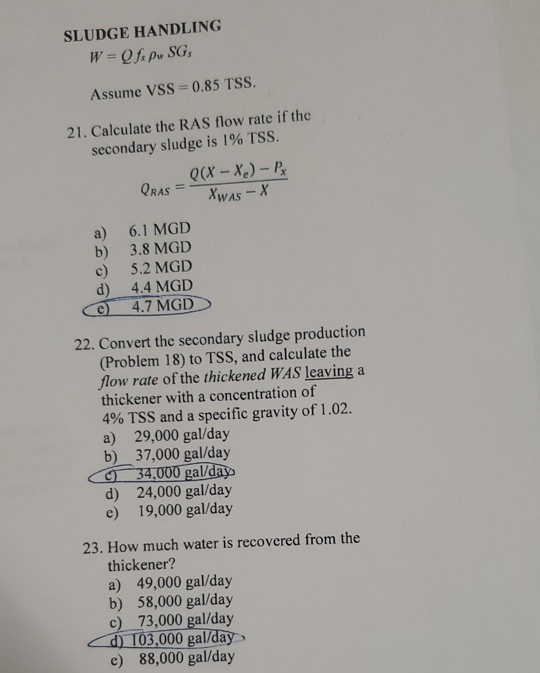 Solved W=QfsρwSGs Assume VSS =0.85 TSS 21. Calculate the RAS | Chegg.com