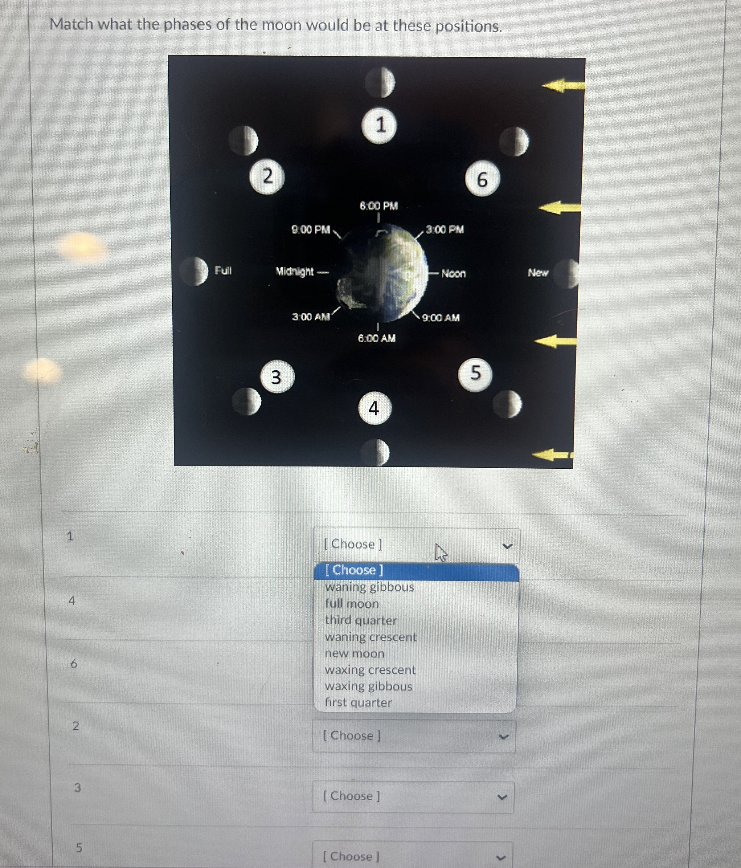 Solved Match what the phases of the moon would be at these | Chegg.com