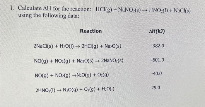 Solved 1. Calculate ΔH for the reaction: HCl(g)+NaNO2( | Chegg.com
