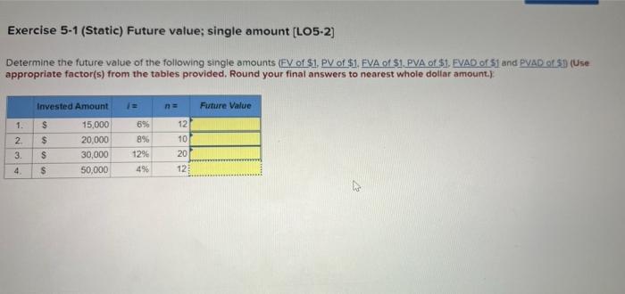 Solved Exercise 5-1 (Static) Future value; single amount | Chegg.com