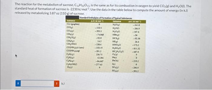 [Solved]: The reaction for the metabolism of sucrose, C12H22