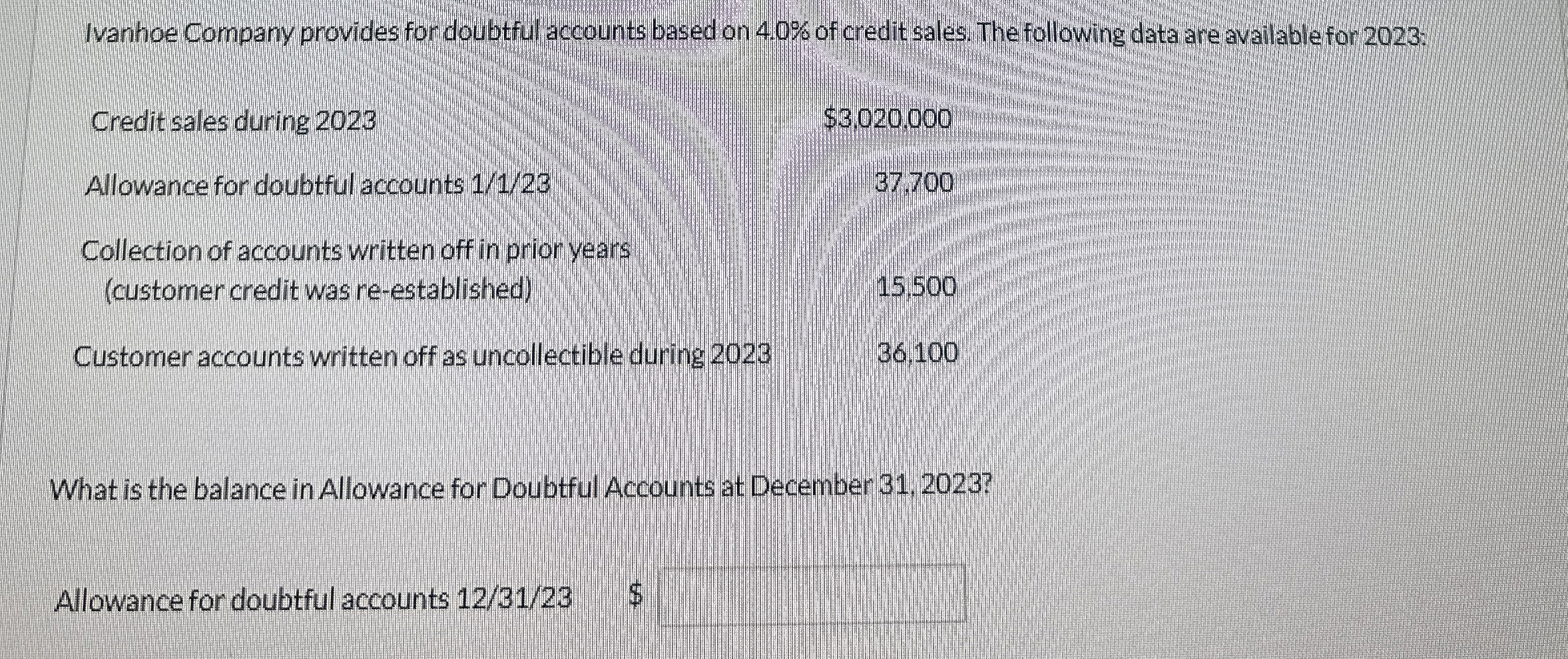 Ivanhoe Company provides for doubtful accounts based | Chegg.com
