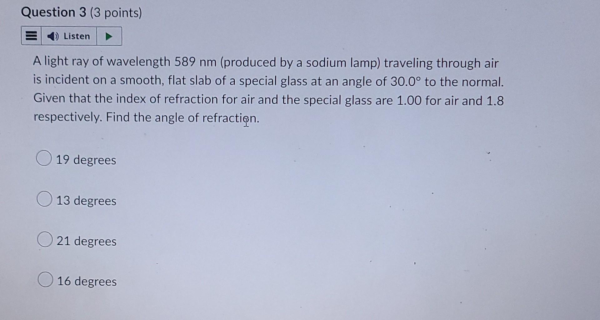 Solved A light ray of wavelength 589 nm (produced by a | Chegg.com