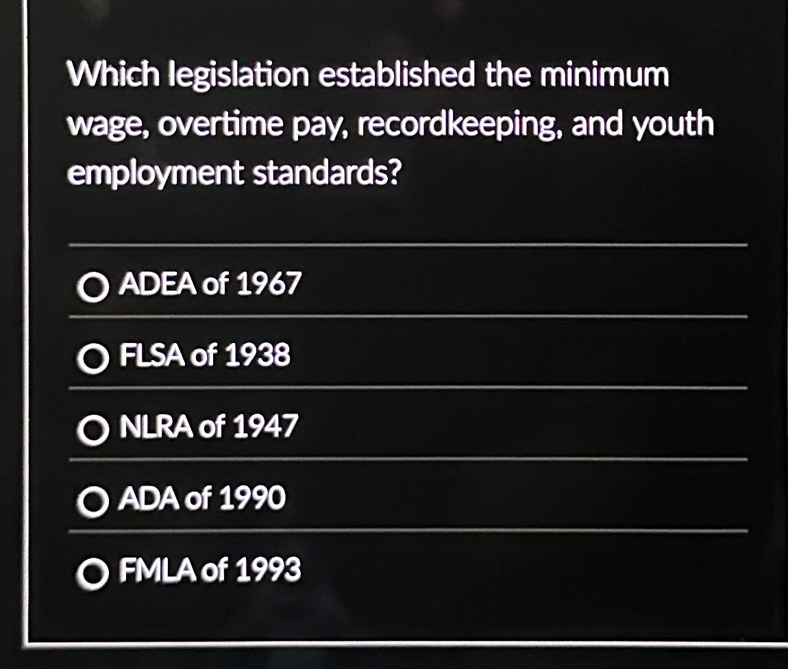 Solved Which legislation established the minimum wage, | Chegg.com