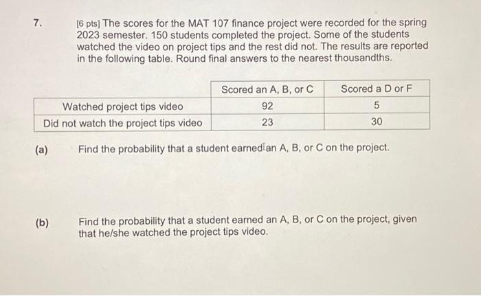 Solved 7. [6 pts] The scores for the MAT 107 finance project | Chegg.com