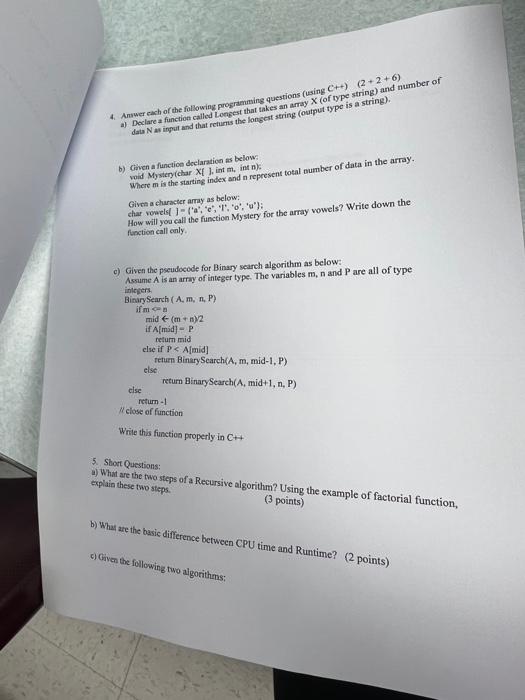 Solved 4. Answer each of the following programming questions | Chegg.com