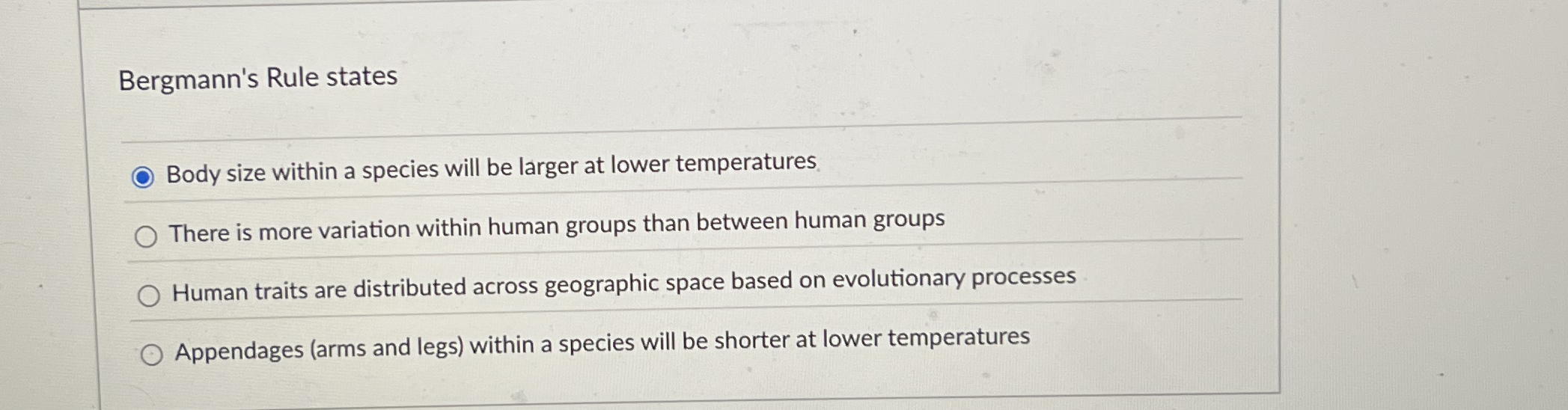 Solved Bergmann's Rule statesBody size within a species will | Chegg.com