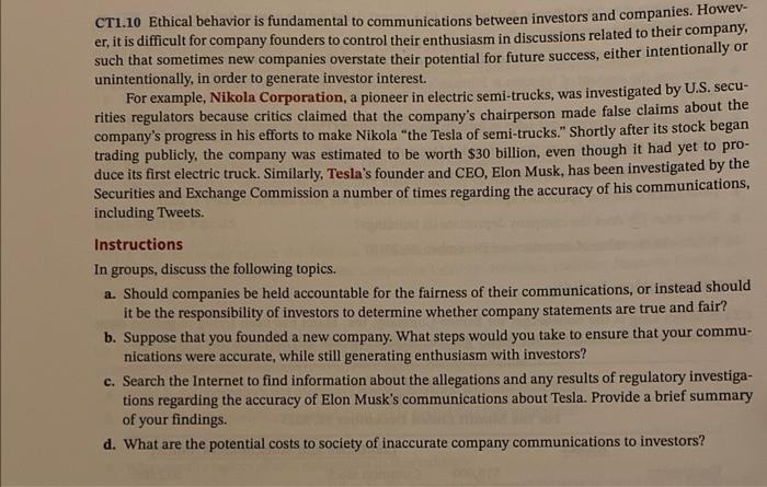 CT1.10 Ethical behavior is fundamental to | Chegg.com