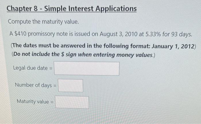 Solved Chapter 8 - Simple Interest Applications Compute the | Chegg.com
