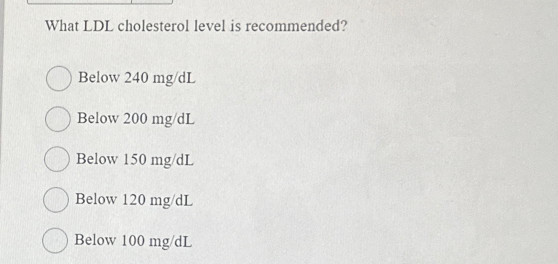 Solved What LDL cholesterol level is recommended?Below 240 | Chegg.com