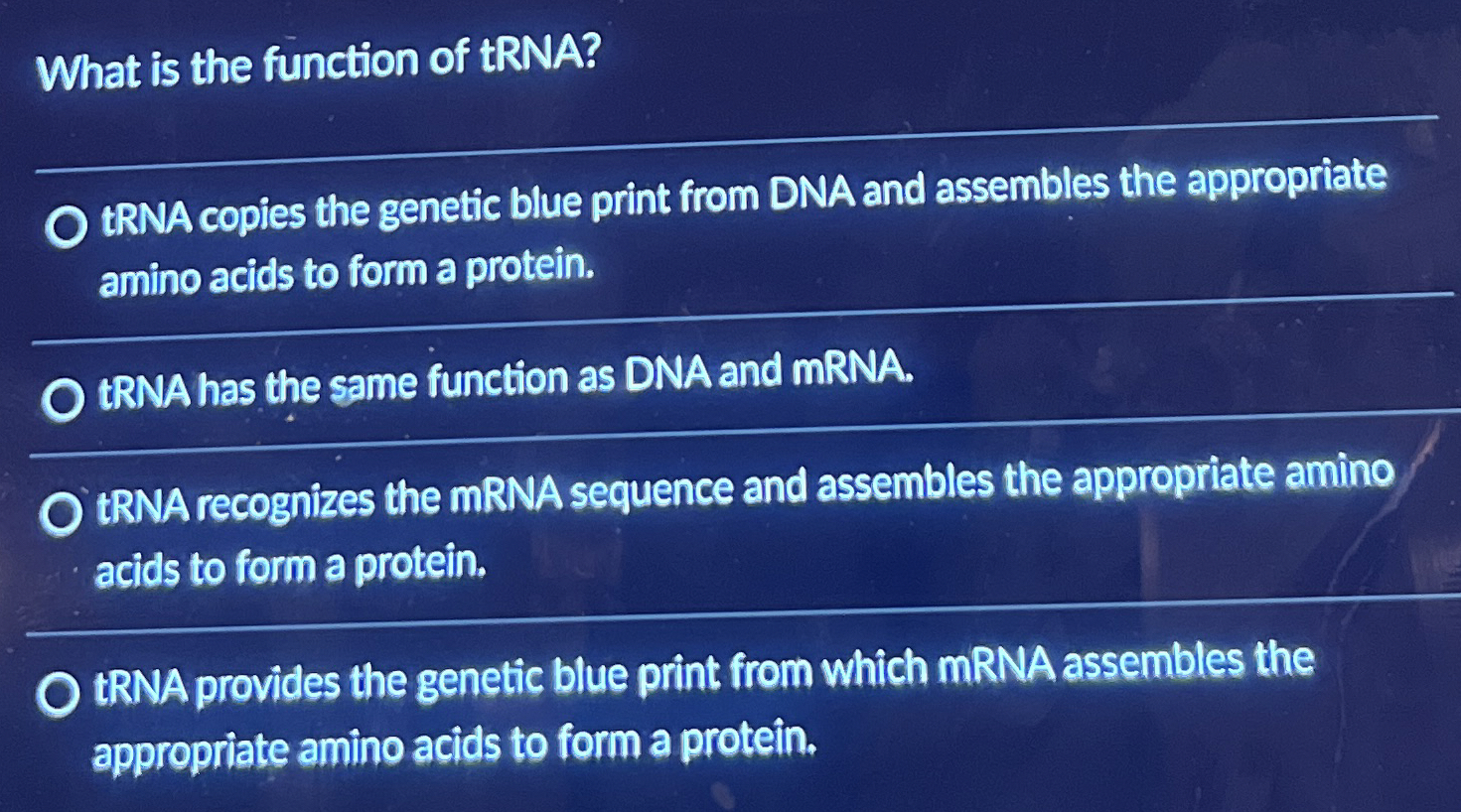 Solved What is the function of tRNA?TRNA copies the genetic | Chegg.com