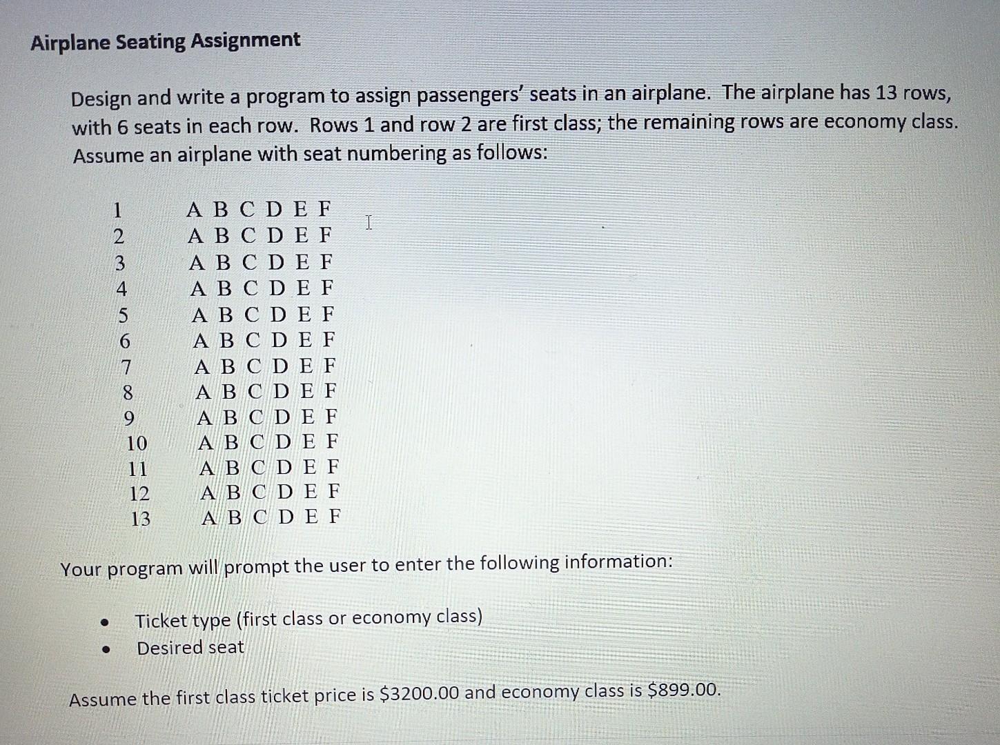 Solved Airplane Seating Assignment Design and write a | Chegg.com