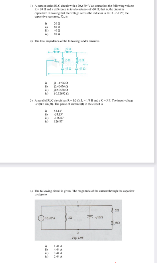 Solved A certain series RLC circuit with a 20?70°V ﻿ac | Chegg.com