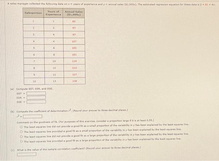 Solved (.) Compute SST, SSR, and SEE. SST =5SR=55E= (b) | Chegg.com