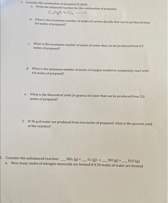 Solved 1. Consider the combustion of propanol (C.H.0). a. | Chegg.com