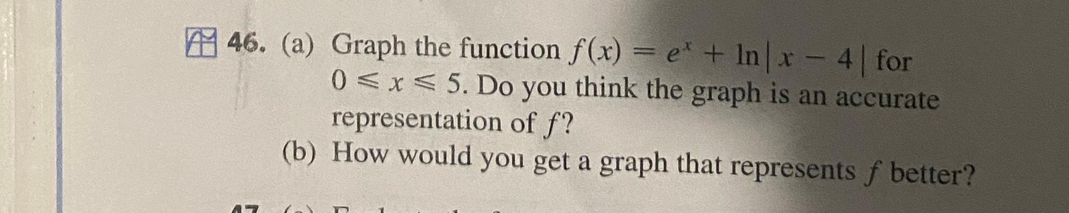 Solved (a) ﻿Graph the function f(x)=ex+ln|x-4| ﻿for 0≤x≤5. | Chegg.com