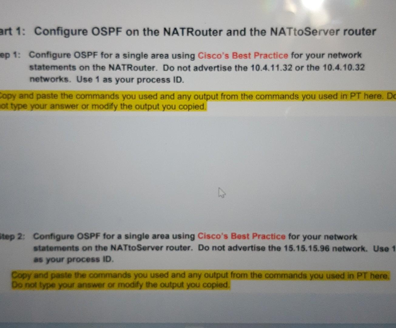 irt 1: Configure OSPF on the NATRouter and the | Chegg.com
