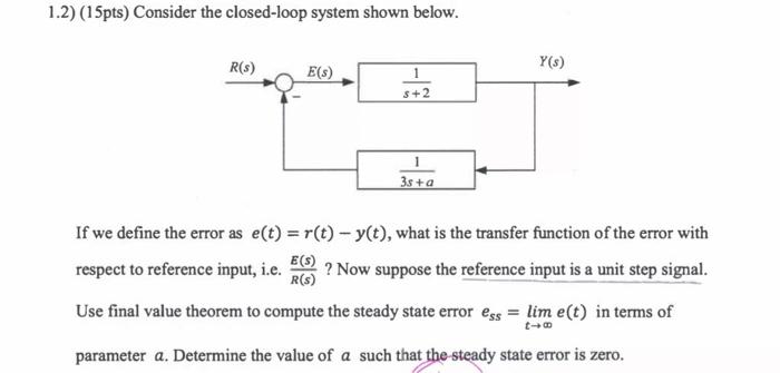 Solved 1.2) (15pts) Consider the closed-loop system shown | Chegg.com