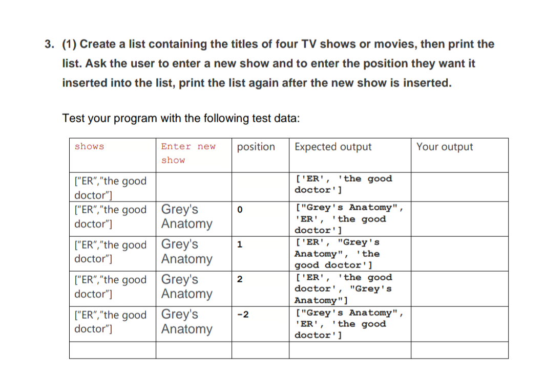 Solved (1) Create a list containing the titles of four TV | Chegg.com