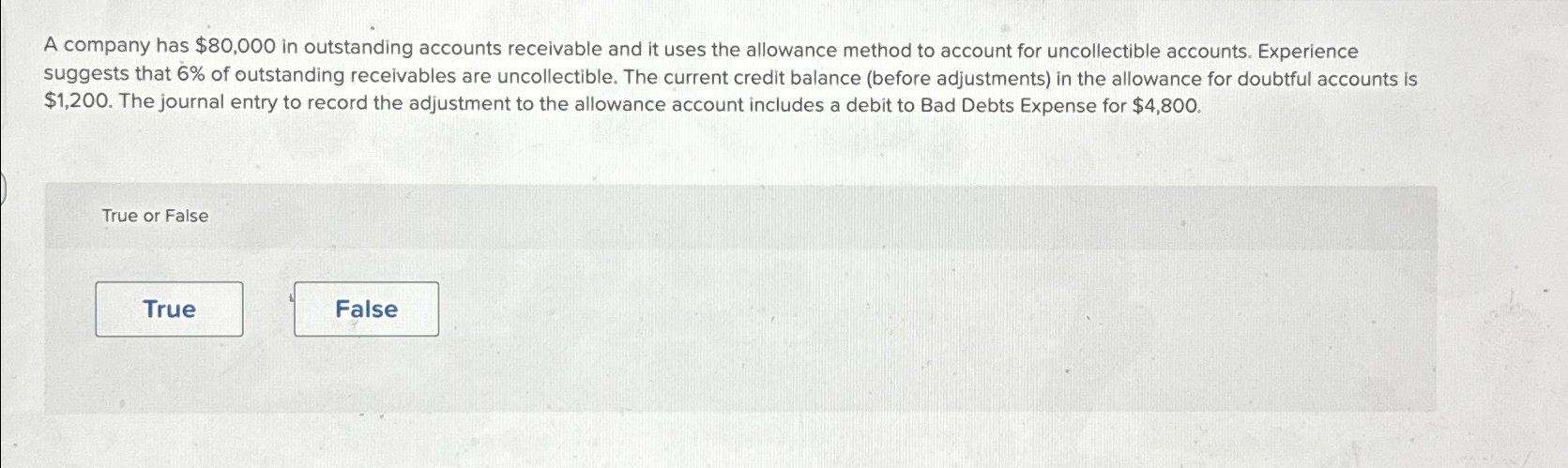 Solved A company has $80,000 ﻿in outstanding accounts | Chegg.com