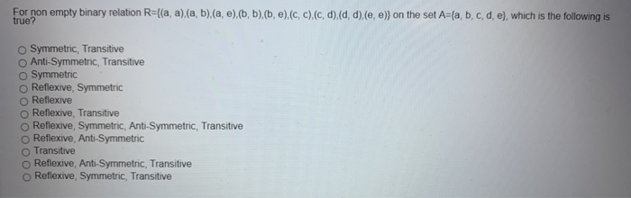 Solved For non empty binary relation R={(a, a),(a, b),(a, | Chegg.com