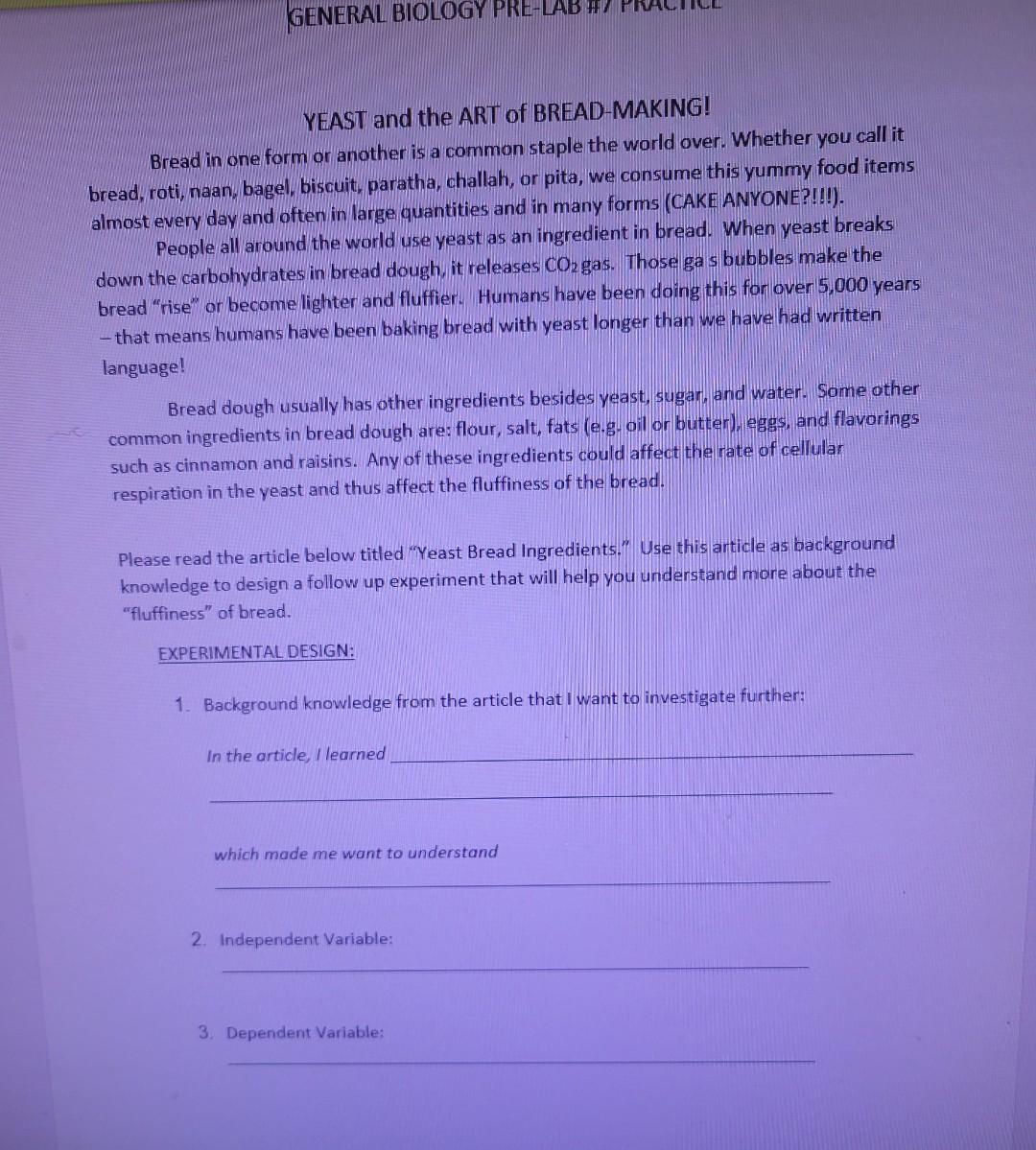 GENERAL BIOLOGY PRE-LAB #/ PR YEAST and the ART of | Chegg.com