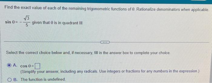 Solved find the exact value of each of the remaining trig | Chegg.com
