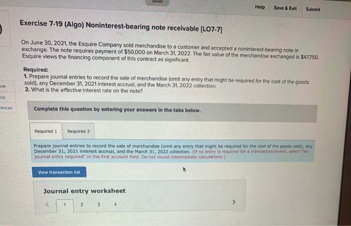 Solved Saved Help Save & Exit Submit Exercise 7-19 (Algo) | Chegg.com