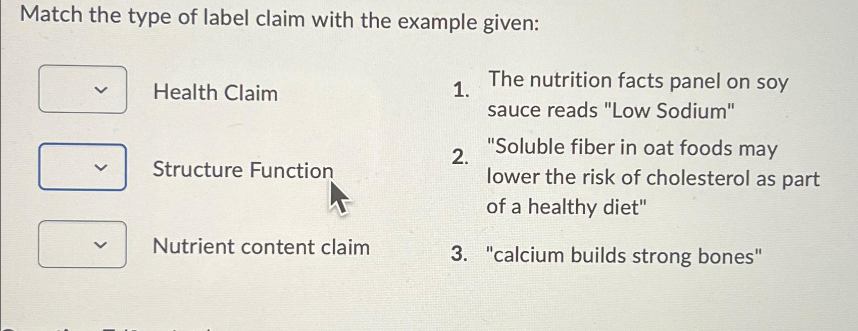 Solved Match the type of label claim with the example | Chegg.com