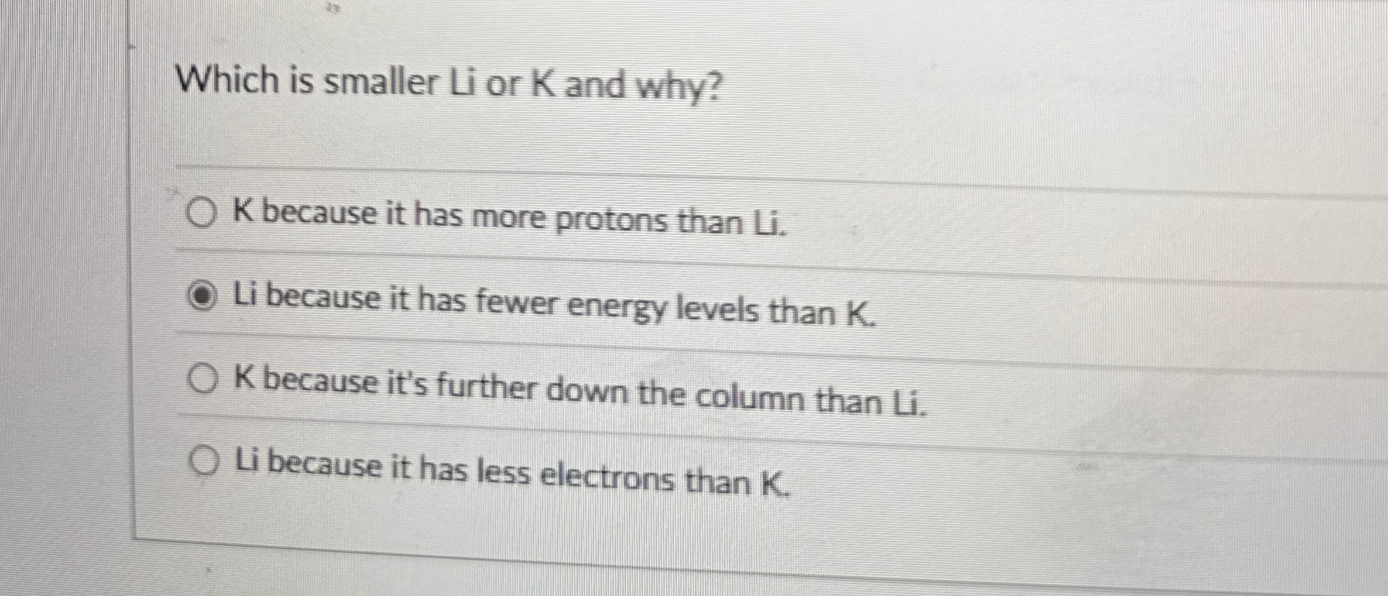 Solved Which is smaller Li or K and why?K because it has | Chegg.com