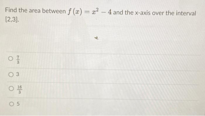 Solved Find the area between f(x)=x2−4 and the x-axis over | Chegg.com