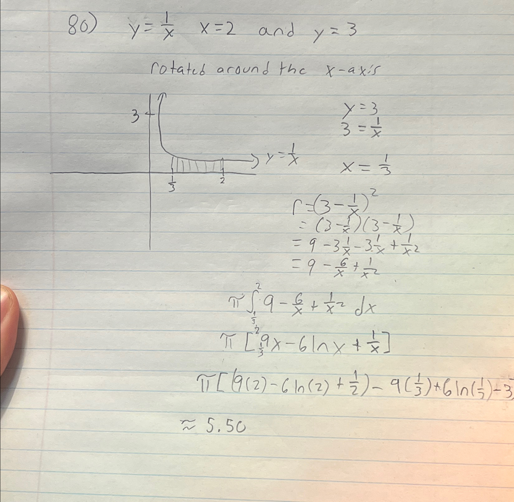 Solved y=1x,x=2 ﻿and y=3rotated around the x-axis | Chegg.com
