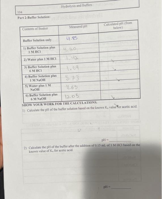 Part 2-Buffer Solution: SHOW YOUK wUк 1) Calculate | Chegg.com