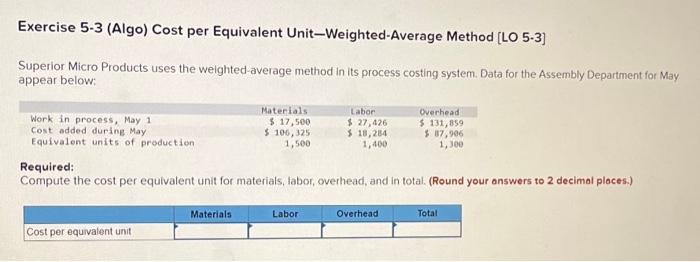 Solved Exercise 5-3 (Algo) Cost per Equivalent | Chegg.com