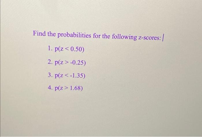 Solved Find the probabilities for the following z-scores: 1. | Chegg.com