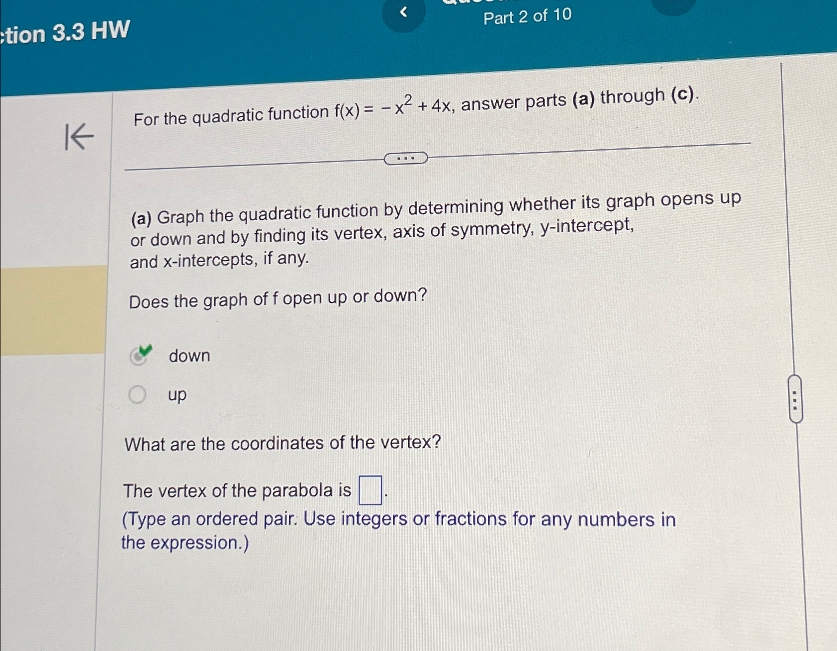Solved tion 3.3HWPart 2 ﻿of 10For the quadratic function | Chegg.com