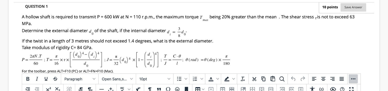 Solved QUESTION 110 ﻿pointsA hollow shaft is required to | Chegg.com