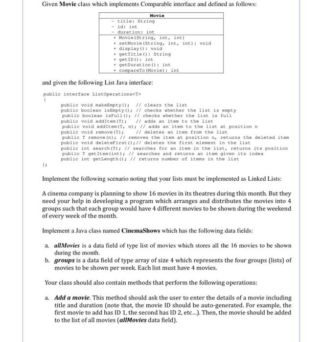Solved Given Movie class which implements Comparable | Chegg.com