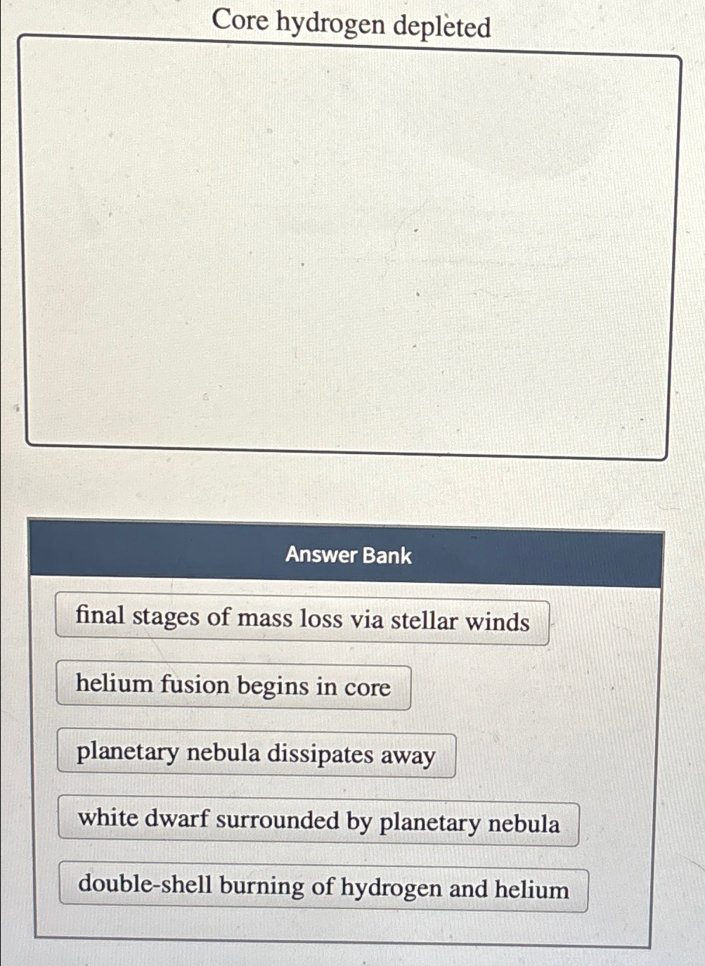Solved Core hydrogen depletedAnswer Bankfinal stages of mass | Chegg.com