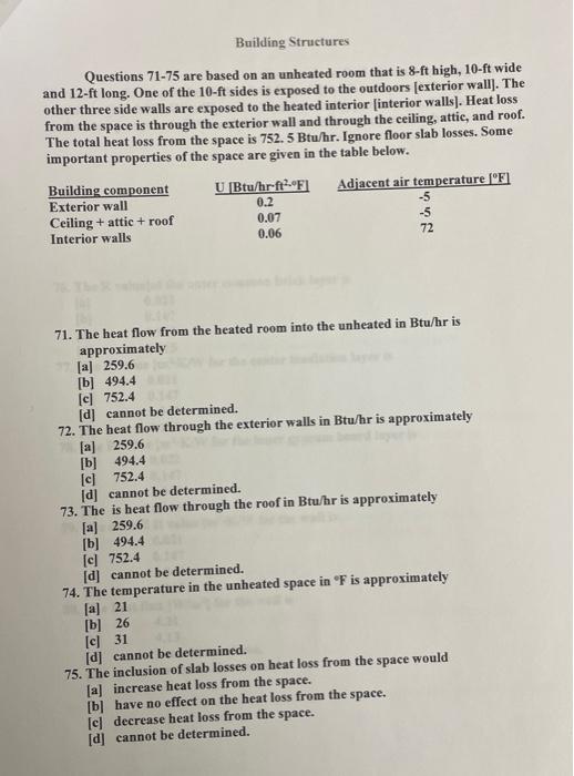 Solved Questions 71-75 are based on an unheated room that is | Chegg.com