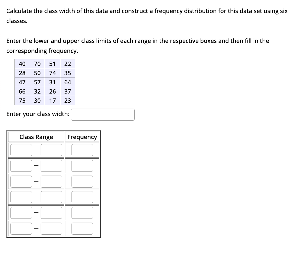 Solved Calculate the class width of this data and construct | Chegg.com
