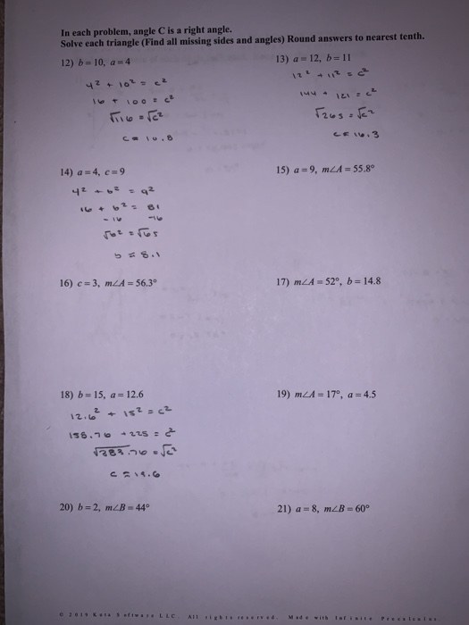 Solved In Each Problem Angle C Is A Right Angle Solve Each Chegg