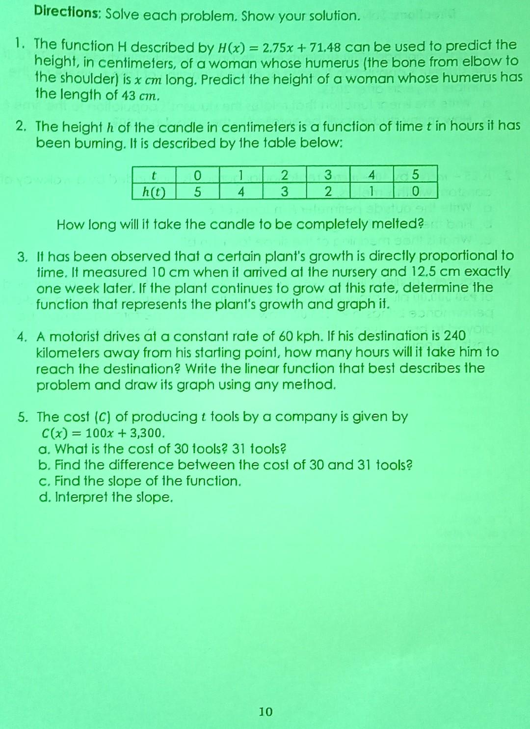Solved Directions: Solve each problem. Show your solution. | Chegg.com