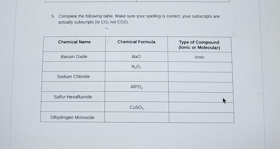 Solved 5. Complete the following table. Make sure your | Chegg.com