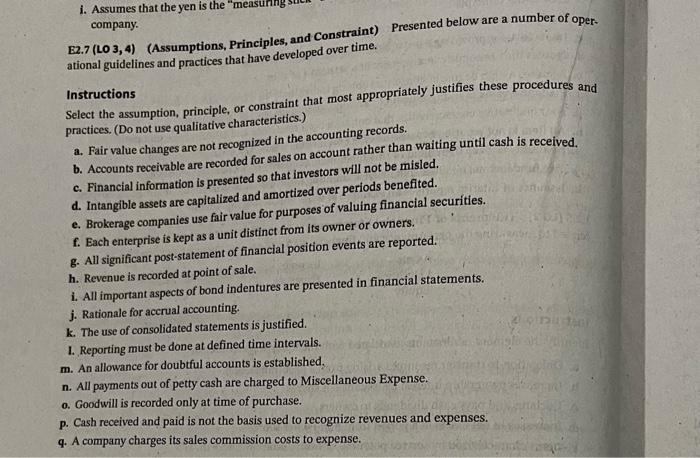 i. Assumes that the yen is the "measuring company. | Chegg.com