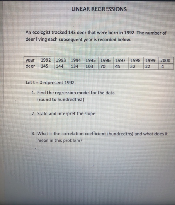 Solved LINEAR REGRESSIONS An ecologist tracked 145 deer that | Chegg.com