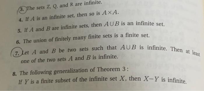 Solved 3. The sets Z,Q, and R are infinite. 4. If A is an | Chegg.com