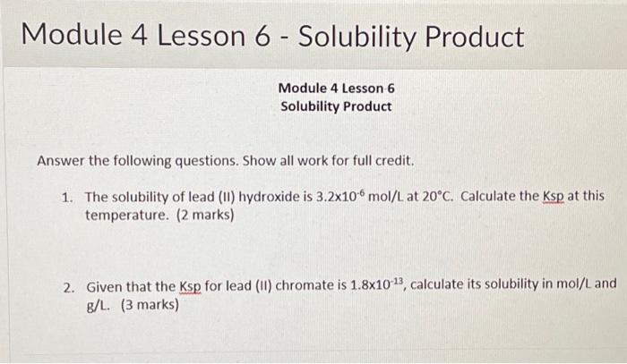 Solved Module 4 Lesson 6 - Solubility Product Module 4 | Chegg.com