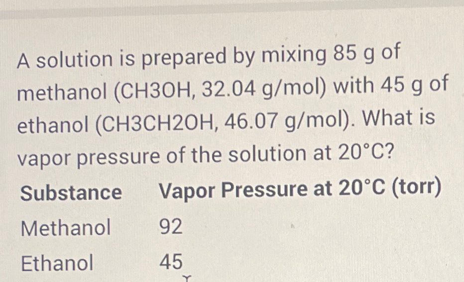 Solved A solution is prepared by mixing 85g ﻿of methanol | Chegg.com